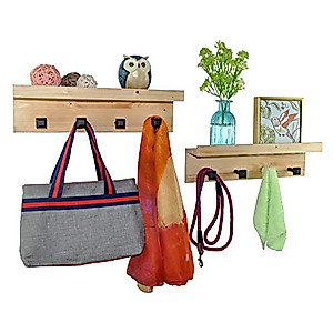 Spiretro Coat Rack with Shelf, Wall Floating Shelves with Peg Hooks, Organize, Storage, Decorative for Entryway, Mudroom, Kitchen, Bathroom, Set of 2, Rustic Pine Wood Natural Beige