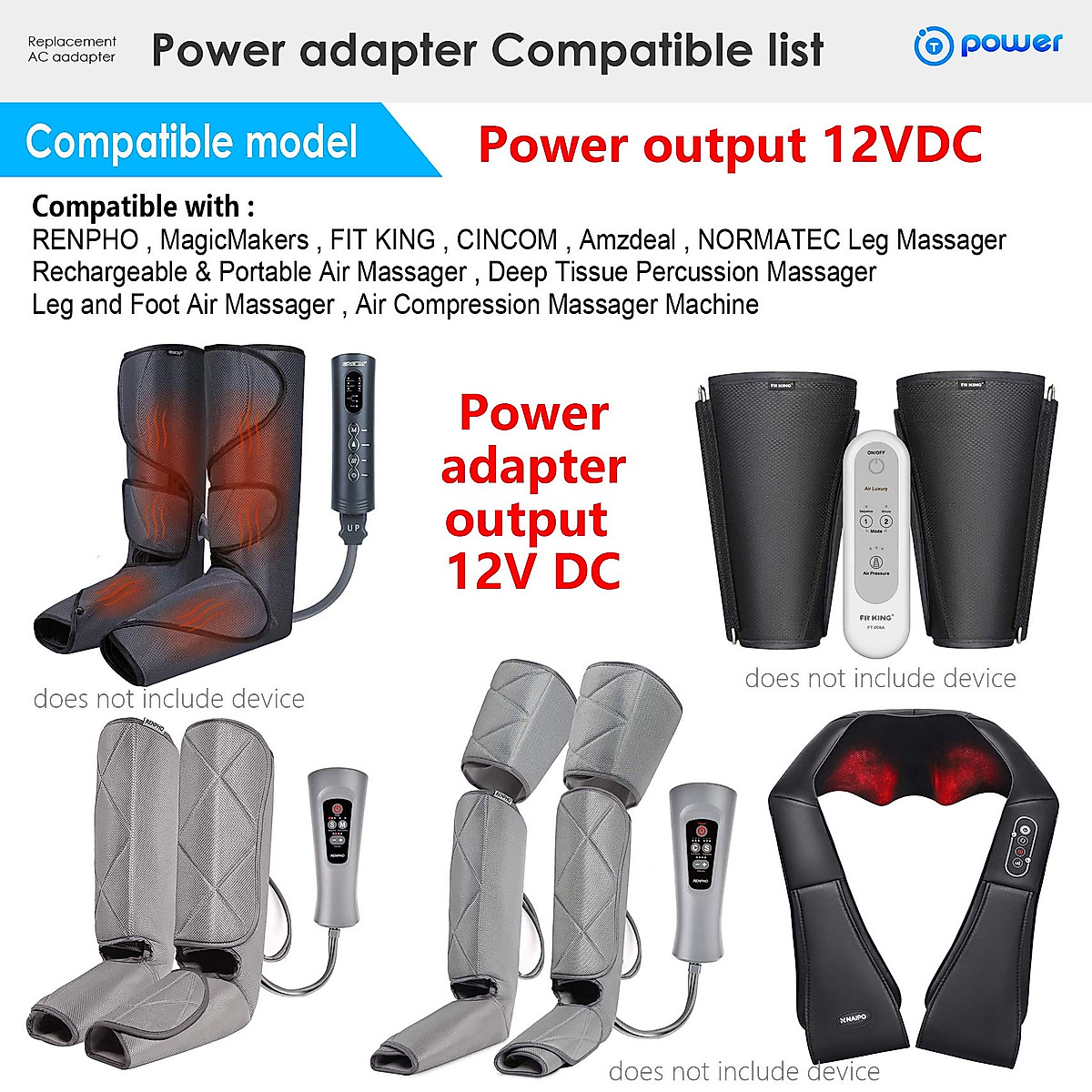T POWER Ac Dc Adapter for RENPHO, Breo, MagicMakers, FIT King, CINCOM, Amzdeal, NORMATEC Leg Nick Pillow Massager Circulation Air Foot Massage Power Supply Charger