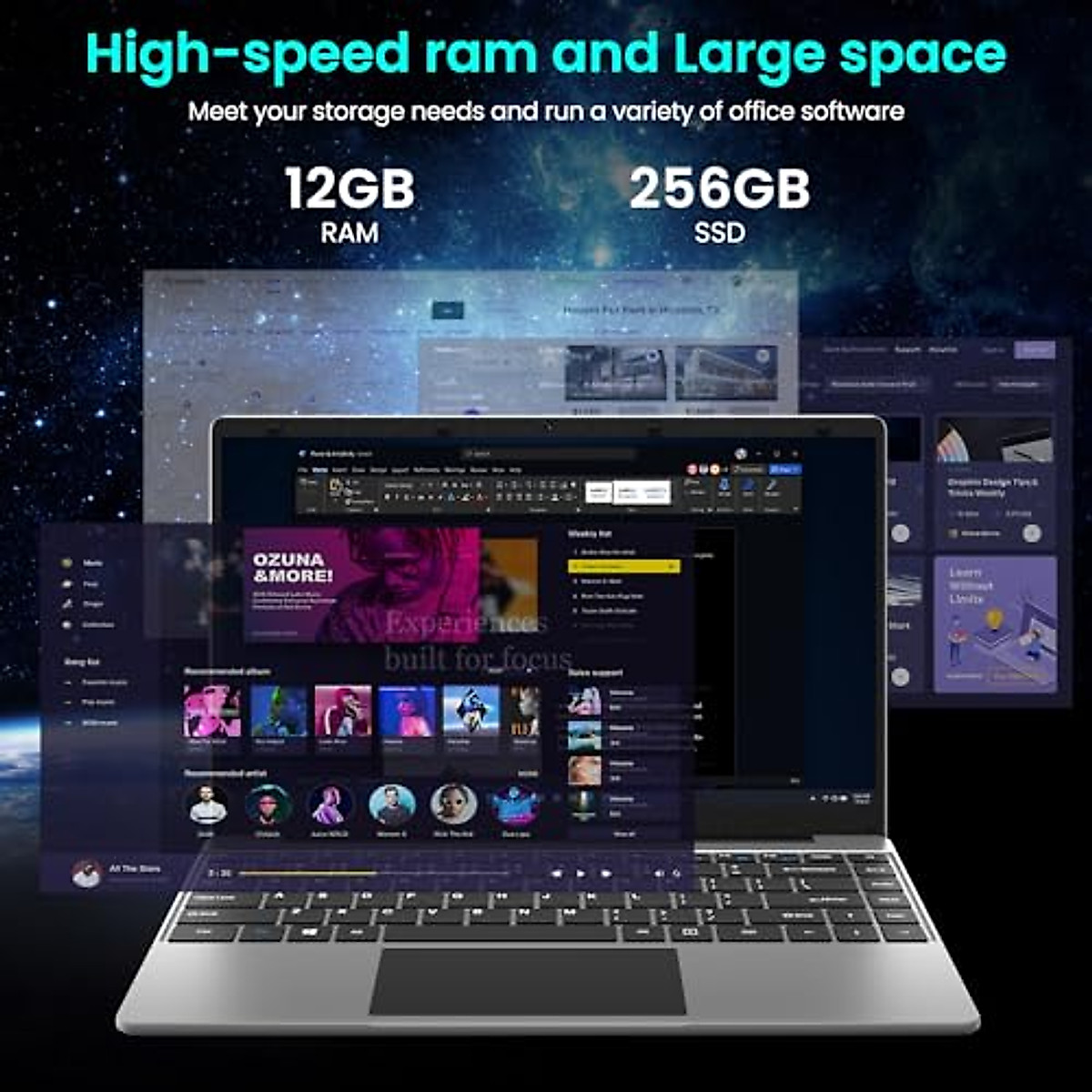jumper Laptop with 12GB LPDDR4 256GB SSD, Intel Quad Core Celeron CPU, Laptops Computer, 14” 1080P FHD Screen, Lap Tops with Dual Speakers, HD Webcam, 256GB TF Card Expansion.