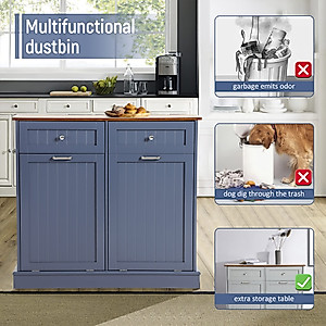 LOUVIXA Tilt Out Trash Can Cabinet with Double Hidden Trash Bin Holder, Kitchen Free Standing Recycling Cabinet,Dog Proof Trash Can,Wood, Blue