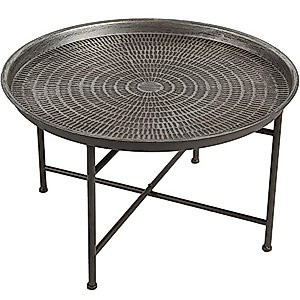 Yusong Coffee Table, Boho-Chic Hammered Metal Tray Coffee Table, Mahdavi Round Coffee Tea Table, Living Room Tables for Storage and Display, Brushed Silver