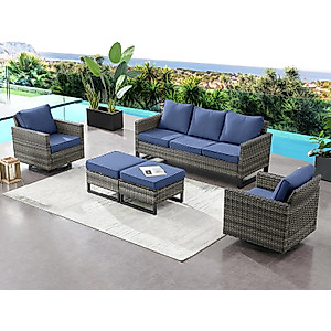 HUMMUH 5 Piece Patio Furniture Set Outdoor Sectional Sofa,PE Wicker Patio Swivel Rocker Chairs with Ottomans for Porch,Garden,Backyard