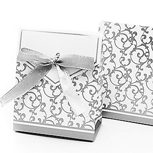 JOHOUSE 50pcs Mini Wedding Favor Box, Small Gift Boxes Candy Boxes with Gift Ribbons for Wedding Party Bridal Shower Favor Party Decoration, Silver