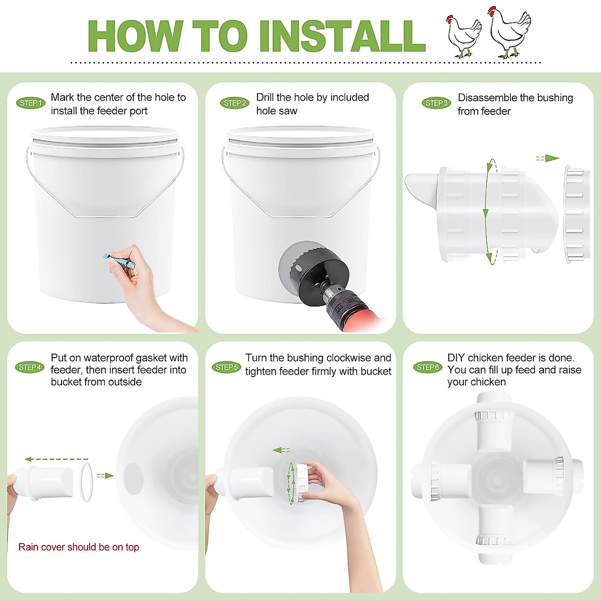 Chicken-Feeder，Chicken-Feeders-no-Waste，Chicken-Feeder-Port， Automatic Poultry Feeder Kit for Buckets, Barrels, Bins. (No Bucket), 6 Ports and a Holesaw Included