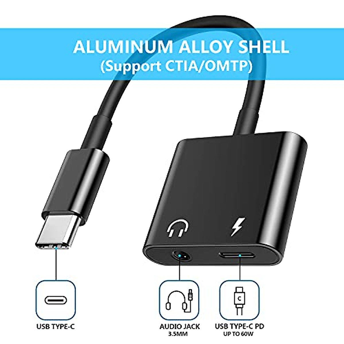 USB C to 3.5mm Headphone and Charger Adapter, 2-in-1 USB C to Audio Mic Jack with PD 60W Fast Charging for Stereo, Earphones, for Samsung Galaxy S21 Ultra S20 FE Note 20 Plus, Pixel 3/4 XL