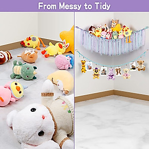 HOOMTREE Stuffed Animal Storage Hammock & Chain, Stuffed Animal Net with Tassels & Lights, Corner Hanging Toy Hammock for Stuffed Animals Plushie Squishmallow, Ideal for Kids Bedroom