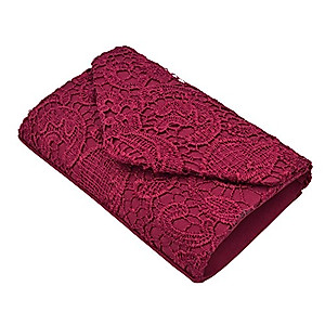 Lace Paisley Floral Fabric Satin Envelope Flap Clutch Evening Bag, Burgundy One Size