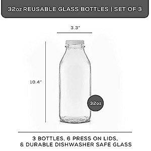 Milk Bottle with Lid AND Pourer Multi-Pack. 32 Oz Reusable Glass Bottles with 6 Lids! Jug Pitcher, Buttermilk, Water or Juice Bottles with Caps, Syrup, Honey or Sauce Container
