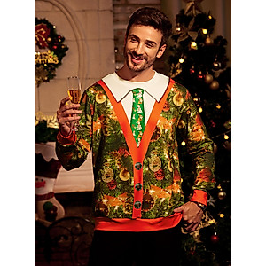 Arvilhill Christmas Men's Ugly Holiday Party Sweatshirt Tie Printed Light Bulb Long Sleeve Sweater Xmas Bells 2XL