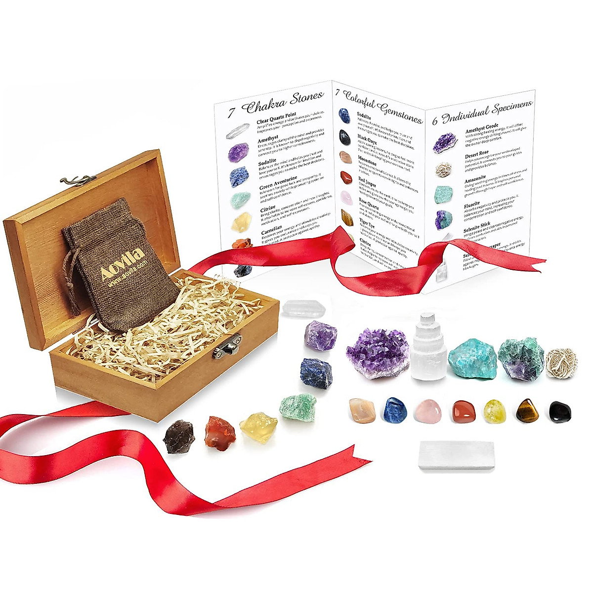 Aovila Premium Crystals and Healing Stones Gift Set in Wooden Box - Chakra Stones Healing Crystals Set for Beginners, Natural Healing Crystals and Stones - Valentines Day Crystal Gifts for Her Women