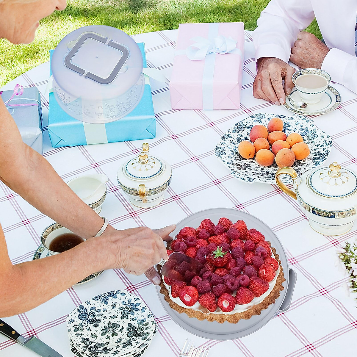 DOITOOL Round Cake Carrier with Handle Two Sided Cake Holder, Plastic Cake Keeper with Cover, Portable Cake Container Cake Stand Fits 9 Inch Cake, Pies, Cookies, Nuts, Muffins
