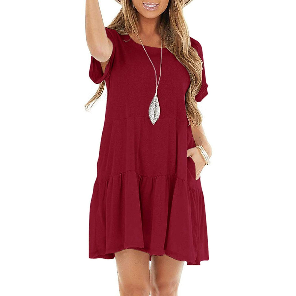 Padaleks Women's Summer Short Sleeve Tunic Dress O Neck Solid Casual Flowy Pleated Loose Mini Dresses w/Pockets