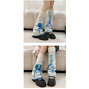 DEEPWIN Leg Warmer Leg Socks Lolita Love Sweet Knitted Leg Calf Cute Ribbon JK Spicy Girl (Blue)