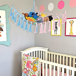 Yvqxvv Stuffed Animal Toy Hammock - Corner Hammock Organizer Display Holder Net Storage Rack Hanging Toys for Boho Kids Girls Bedroom Play Room Decor(Pink＆Blue)