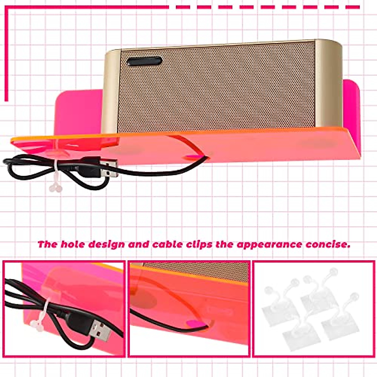 Floating Wall Shelves 9 Inch Acrylic Small Wall Shelf Hanging Shelves Adhesive Shelf Screwless Display Shelf with Cable Clips and Stickers for Bathroom, Bedroom, Office (Fluorescent Pink, 4 Pcs)