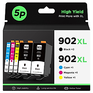 902 XL 5-Pack Ink Cartridges Compatible with HP 902XL 902 High Yield, Compatible with OfficeJet Pro 6978 6968 6958 6962 6970 6954 6960 6979 6950 Printer(2 Black, 1 Cyan,1 Magenta,1 Yellow)
