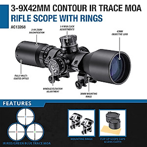 Barska AC13268 Contour Scope 3-9x42 Illuminated Trace MOA Reticle with Rings, Black, One Size
