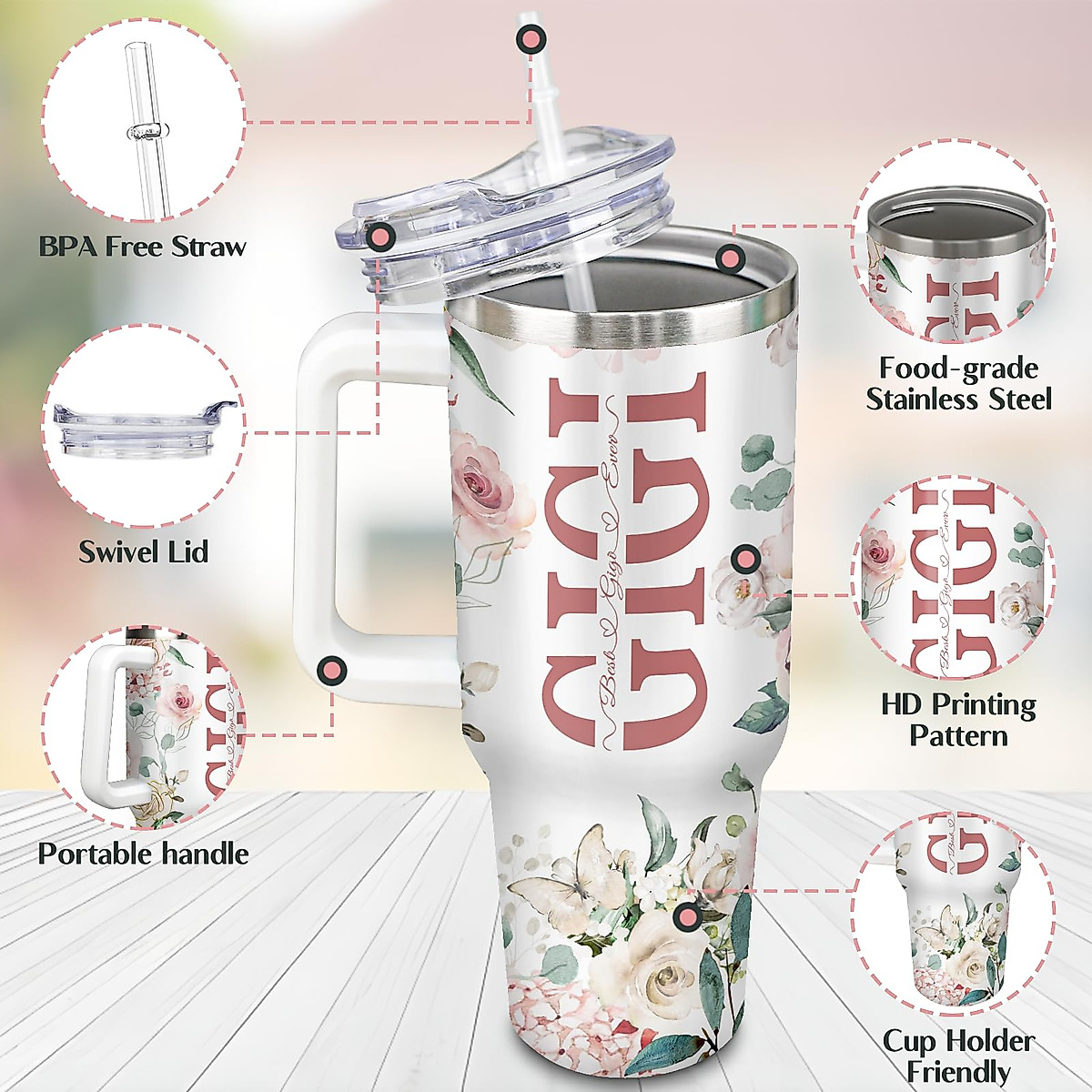 qoepfnsh Gifts for Gigi Grandmother Gift from Grandson Granddaughter on Birthday Mothers Day&Christmas 40 oz Tumblers with Handle and Straw Stainless Steel Insulated Travel Coffee Cup Mug