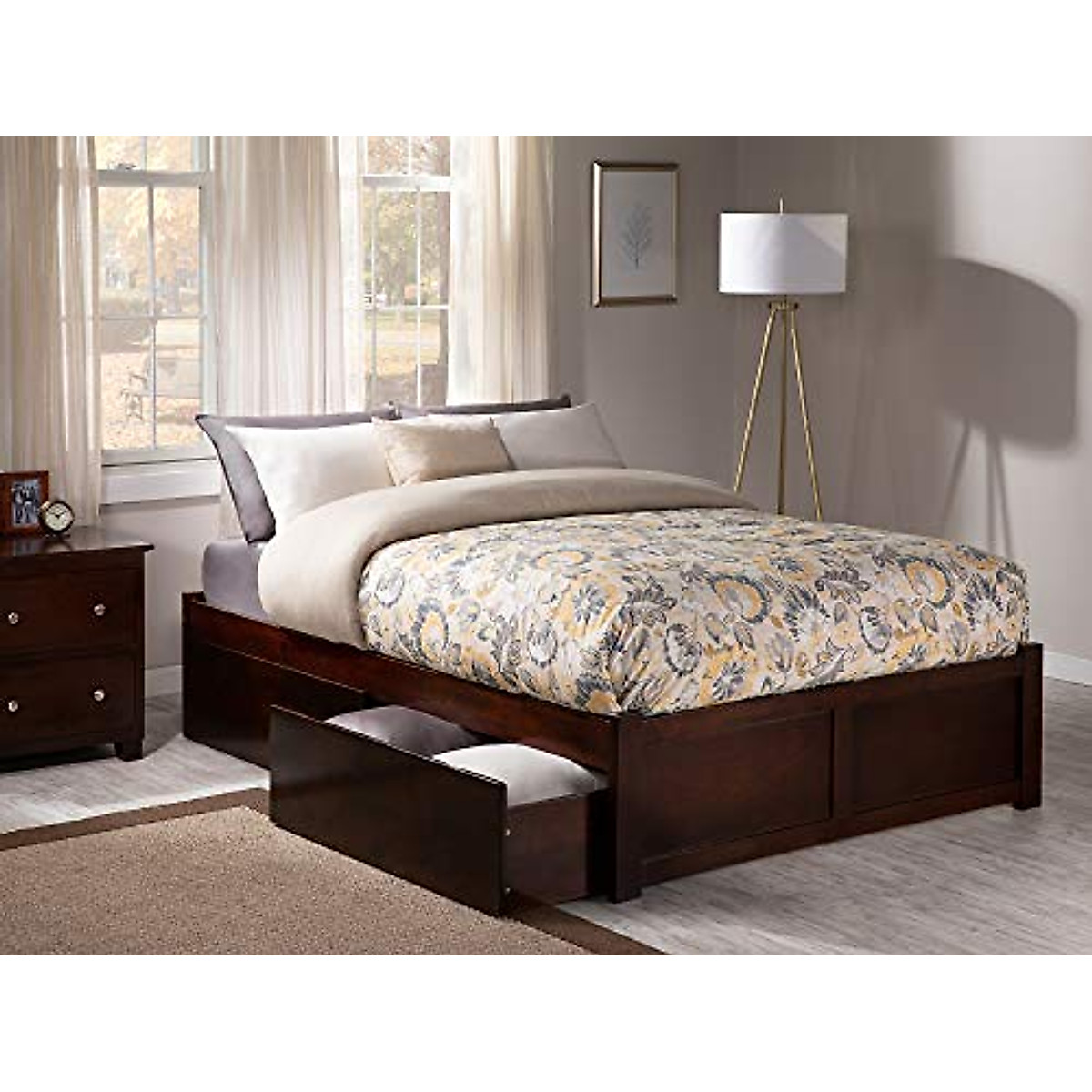 AFI Concord King Platform Bed with Flat Panel Footboard and Urban Bed Drawers in Walnut