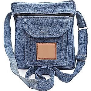 Upcycling Blue Denim Jeans Messenger Cross Body Shoulder Handbag Purse for Unisex