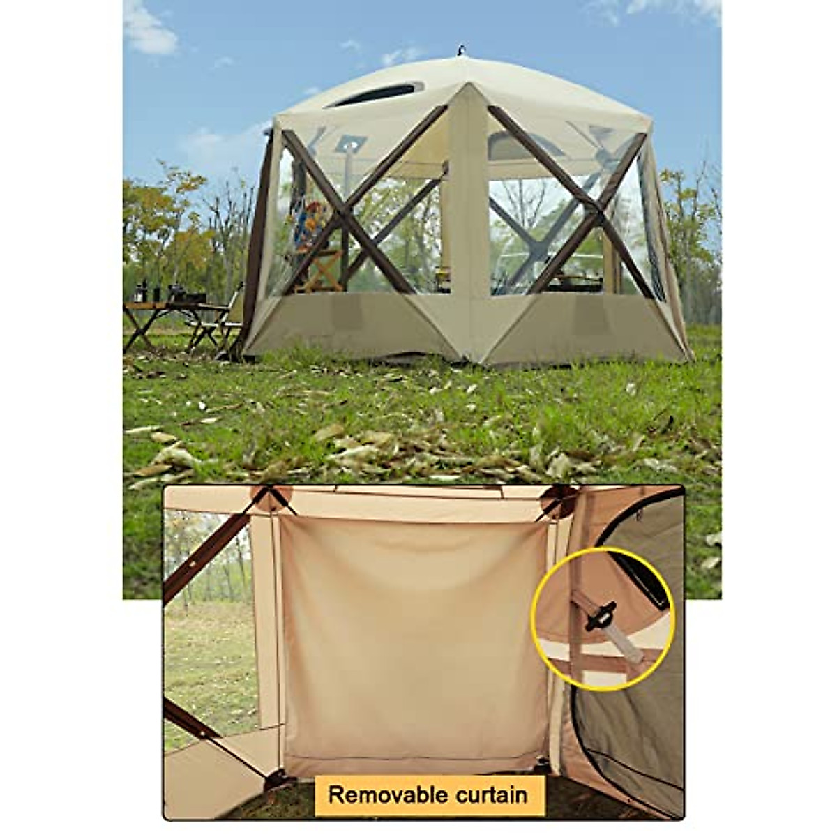 Instant Cabin Tent Portable Large Pop Up Tent Easy Setup for Family Camping Hexagon Restaurant Tent with Wind Rope/Ground Pegs/Door Poles/Storage Bag