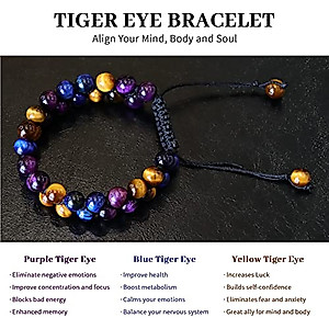 KOPHINYE Blue Tiger Eye Bracelet, Triple Protection Bracelet for Men Women, Handmade Bracelet 8mm Bead, Purple Tiger Eye Bracelet Bring Health, Luck and Prosperity
