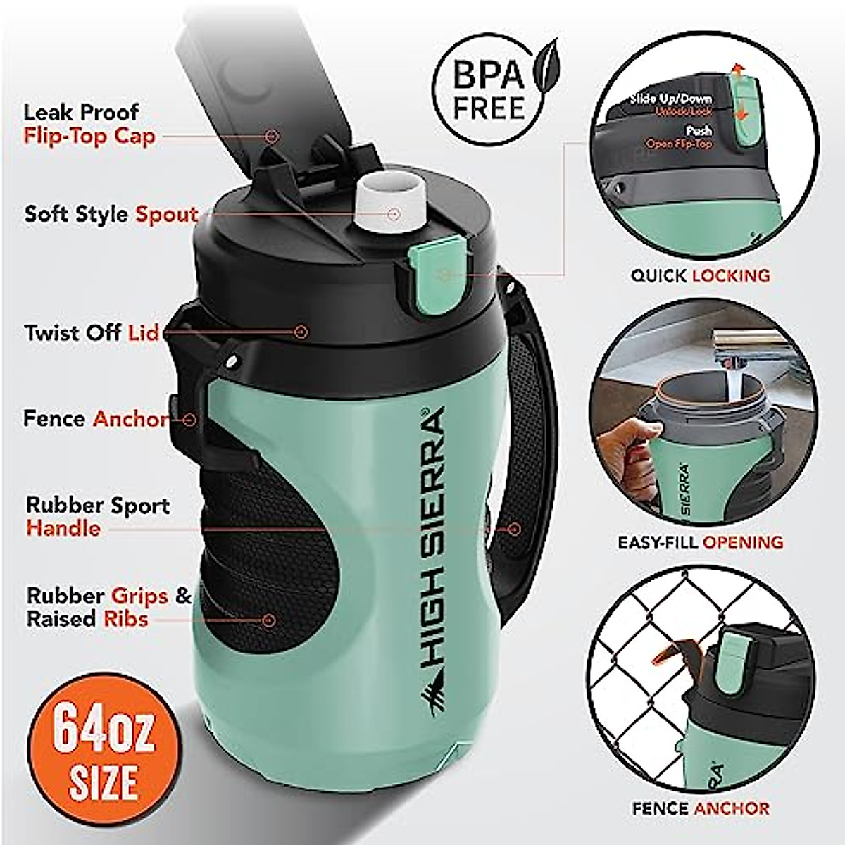 High Sierra - [BPA FREE] 64 OZ Insulated Water Jug, [Soft Spout – NO MORE TEETH BUMPS] Built-in Fence Anchor, Keeps Iced Water Cold for Hours, EXTRA LARGE Sports Bottle, Mint