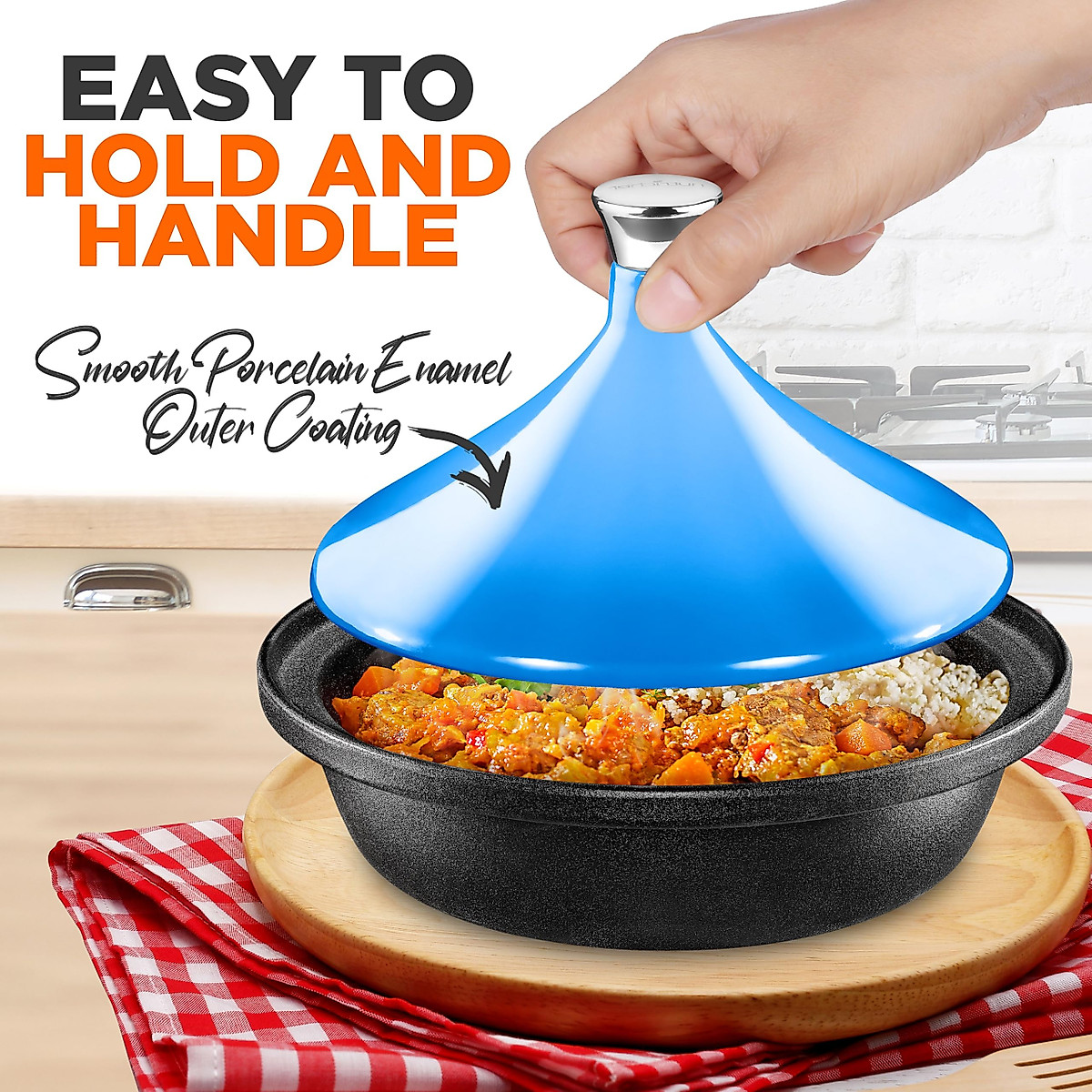 NutriChef Cast Iron Moroccan Tagine - 11.6 Inch Tajine Cooking Pot with Stainless Steel Knob, Enameled Base, Cone-Shaped Enameled Lid - Oven and Dishwasher safe - 2.75 Quart, Blue