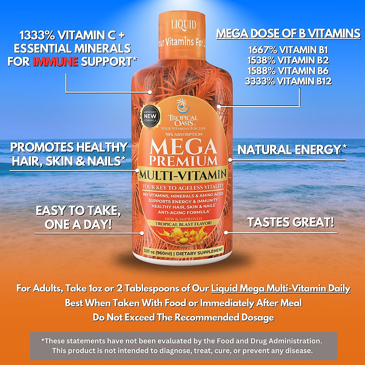Mega Premium Liquid Multivitamin | Natural Immune Support Vitamin w/ 1333% Vitamin C, 200% D3, Zinc + 20 Vitamins, 70 Minerals, & 21 Amino Acids | Sugar Free | Orange Flavor | 98% Absorption | 32 Serv