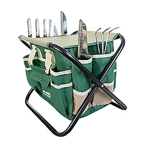 GardenHOME Garden Tool Set, Stainless Steel 7 Piece Tool Set, Heavy Duty Folding Stool, Detachable Canvas Tote Bag, Gardening Tool Kit Organizer