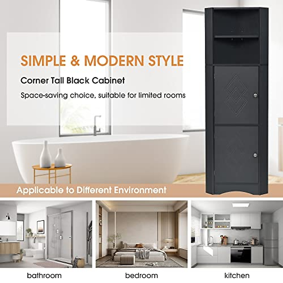Lifeand Tall Bathroom Corner, Freestanding Doors and Adjustable Shelves, 61.02" H Triangle Storage Cabinet, Black