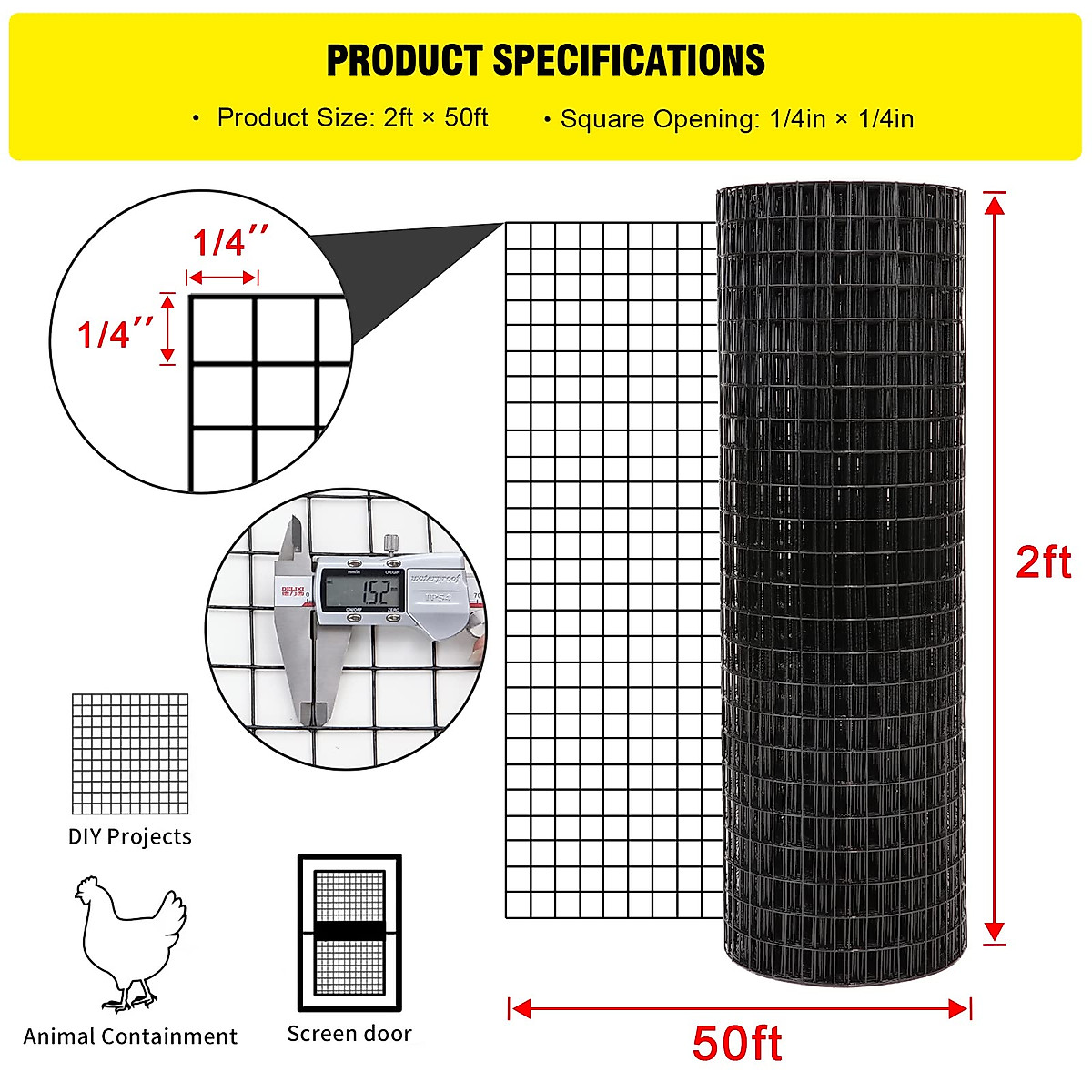 forimo 24'' x 50' 1/4inch Hardware Cloth 19 Gauge Black Vinyl Coated Welded Fence Mesh for Home and Garden Fence and Home