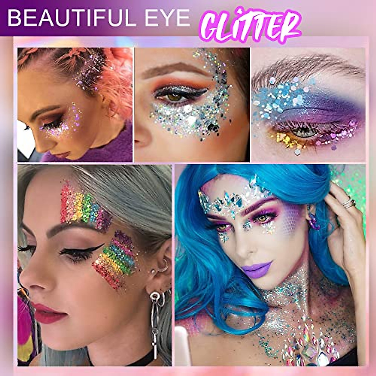 Face Glitter Makeup, Holographic Chunky Face Body Glitter, Glitter Eyeshadow Cosmetic Laser Powder for Face Hair Nails, Festival Body Glitter Makeup