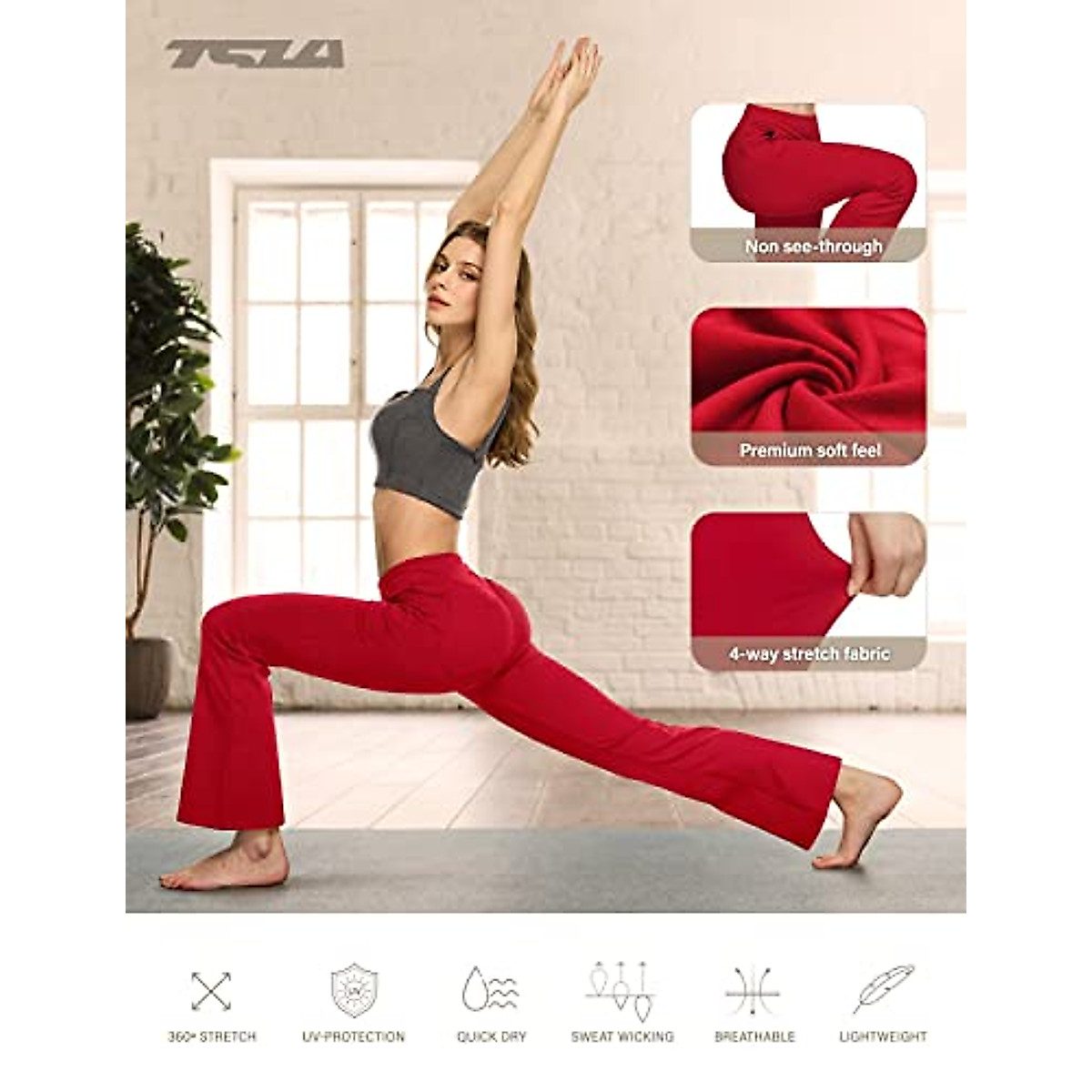 TSLA Womens Bootcut Yoga Pants with Pockets, Tummy Control High Waist Bootleg Yoga Pants, 4 Way Stretch Workout Pants, Bootcut Petite Red, Large
