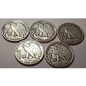 Count of 5 - Walking Liberty Half Dollar 5 Different Dates XF/VF 90% Silver Fine to Extra Fine