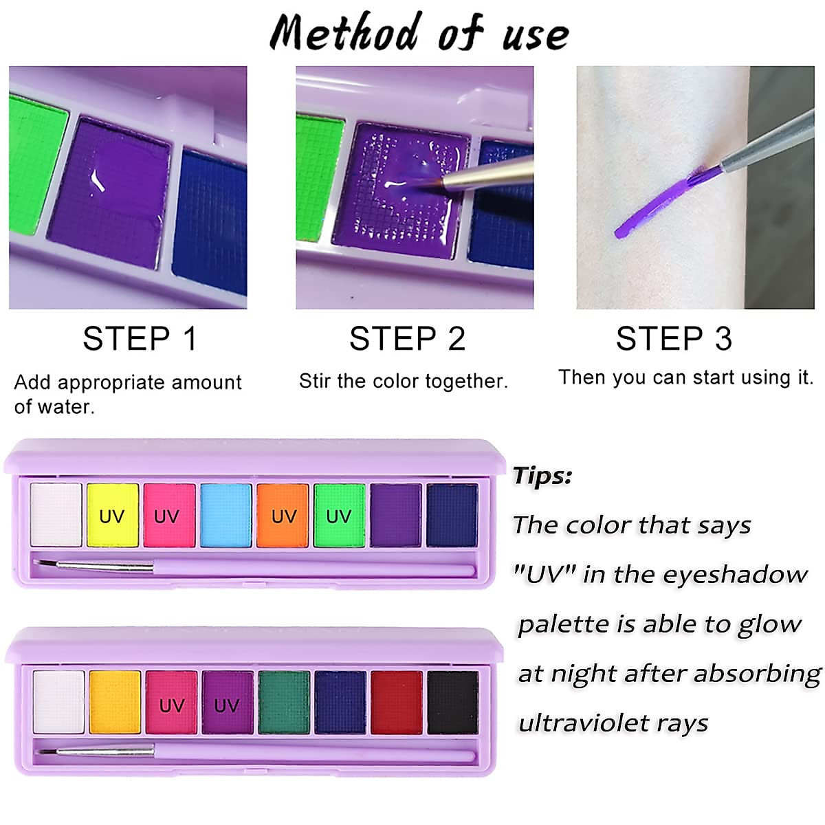 2 PCS Water Activated Eyeliner Palette 8 Colors Neon Face Paint Liner Makeup UV Glow Longlasting Fluorescent Face and Body Paint with Brush for Halloween Christmas (Set AB)