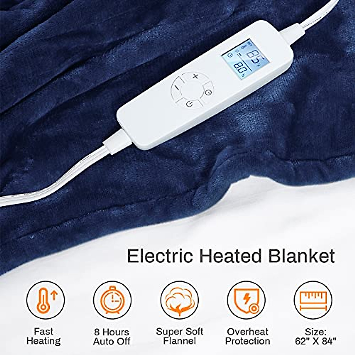 Electric Heated Throw Blanket Twin Size 62" x 84" | 6 Levels Fast Heating & Machine Washable | Full Body Warming Soft Flannel Bed Sofa Blankets with Auto-Off Overheating Protection 8H Timer | Blue
