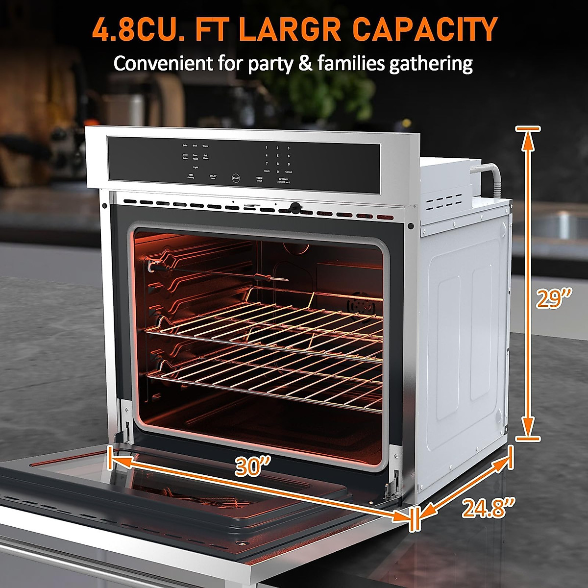 Hipicute 30 inch Electric Single Wall Oven with Convection Fan Touch Control, Large Oven Capacity, 360° Rotisserie, Fingerprint Resistant Stainless Steel