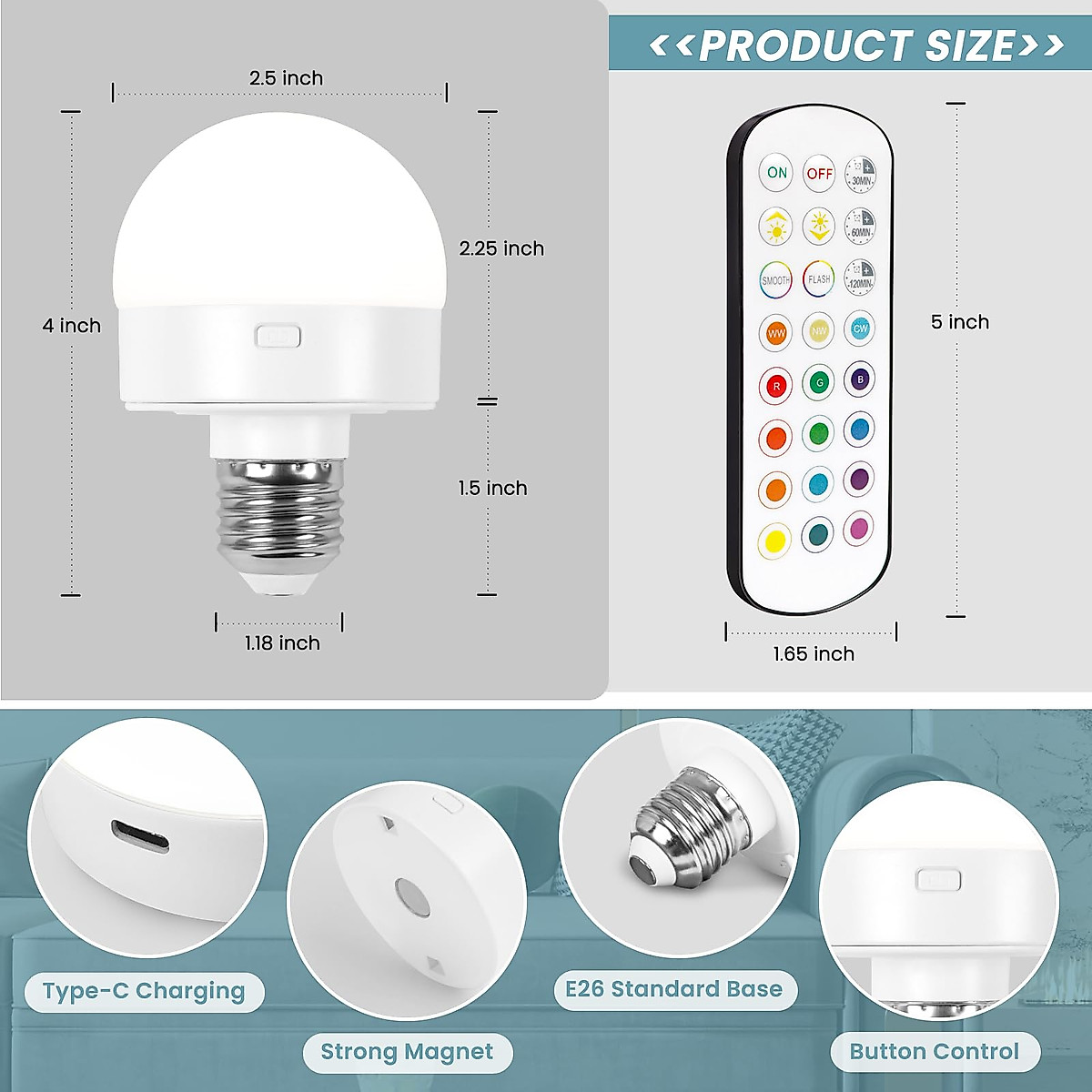 Rechargeable Battery Operated Light Bulbs with Remote Control,Timer and 15 Color Temperature,Wireless Puck Light Bulbs dimmable Magnetic Color Changing LED Bulb for Non-Hardwired Wall Sconce,2 Pack