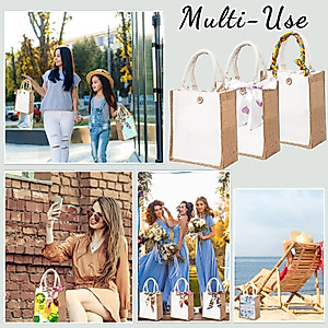 VeyFolzin.st Jute Burlap Totes Bags, Reusable Waterproof Tote Shopping Bag Blank DIY Canvas Gift Bag with Button & Ribbons (B)