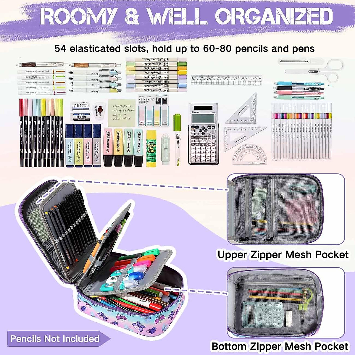 Kasqo Large Pencil Case, Marker Pencils Pouch Bag Holder Polyester Stationery Storage Multiple Compartment Top Handle for Middle High School Office College Student Girl Women Adult Teens, Butterfly