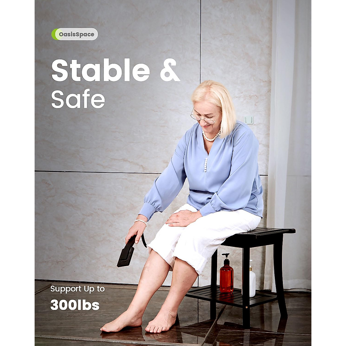 OasisSpace Bamboo Shower Bench with Storage Shelf, 24" Black Shower Stool for Inside Shower Waterproof, Spa Seat Bath Stool Organizer for Shaving Legs, Bathroom Shower Chair for Adults Elderly