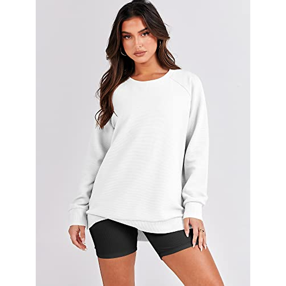 ANRABESS Women's Oversized Sweatshirts Long Sleeve Tunic Tops Crew Neck Soft Pullover With Side Zipper Shirt Trendy Clothes 2023 A1073-baise-L White