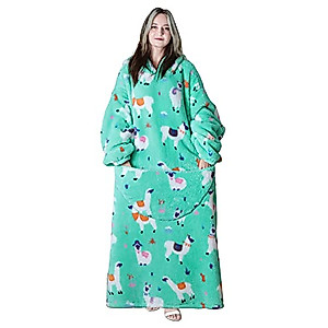 Queenshin Alpaca Oversized Hoodie Wearable Blanket Sweatshirt for Women, Warm Comfy Flannel Blanket Sherpa Lined Body Blanket, One Size for All