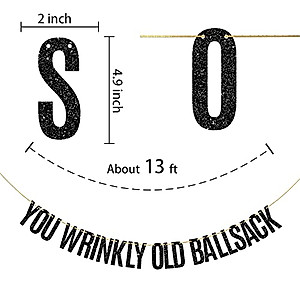 Deloklte Black Glitter You Wrinkly Old Ball Sack Banner, Funny Birthday / Retirement Party Decoration Bunting Banner for Men Women, Happy 50th 60th 70th 80th 90th 100th Birthday Party Favors Decor Photo Props