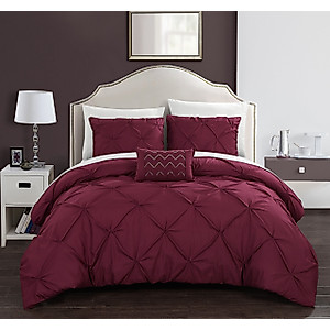 Chic Home Daya 4 Piece Cover Set Pinch Pleat Ruffled Design Embellished Zipper Closure Bedding-Decorative Pillow Shams Included, Queen Duvet, Burgundy