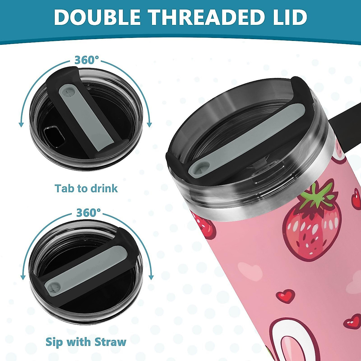 FRCSDIY Rabbits and Strawberries Insulated Tumbler with Handle and Straw Lid,30oz Leakproof Stainless Steel Cup BPA-Free Water Bottle