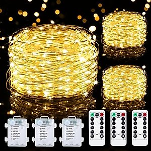 Mlambert 3 Pack 33FT Fairy String Lights Battery Operated with Remote and Timer, 100 LED Dimmable Waterproof Silver Wire 8 Modes Twinkle Lighting for Bedroom Indoor Outdoor Christmas Decor-Warm White