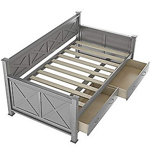 Oudiec Twin Daybed with Storage Drawers,Solid Pinewood Bedframe with Guardrail for Boys/Girls/Teens/Kids Bedroom,No Box Spring Needed,Gray