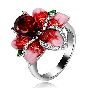Uloveido Pear Cut Simulated Ruby Single Bloom Rose Flower Comfort Fit Cocktail Ring Platinum Plated Big Floral Rings Wedding Party Jewelry for Women (Size 6) RA627